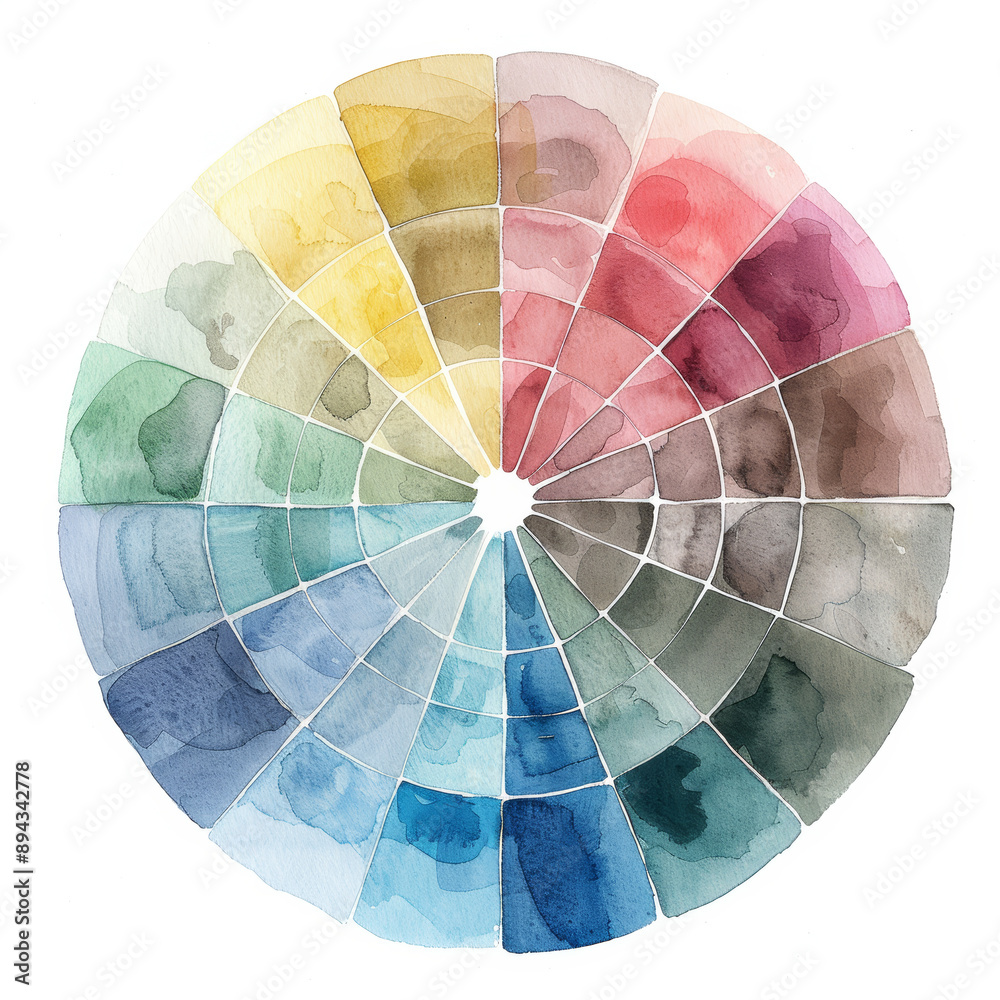 Watercolor Color Wheel Chart with Paint Swatches in Various Hues and ...