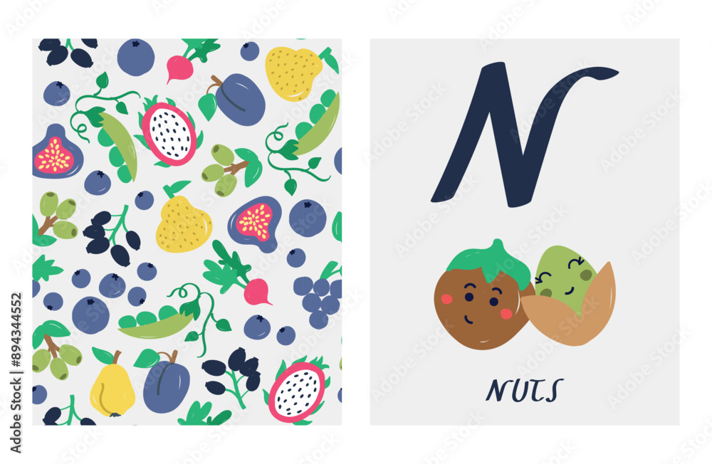 alphabet letters. Cute letter N with nuts. English alphabet for kids ...