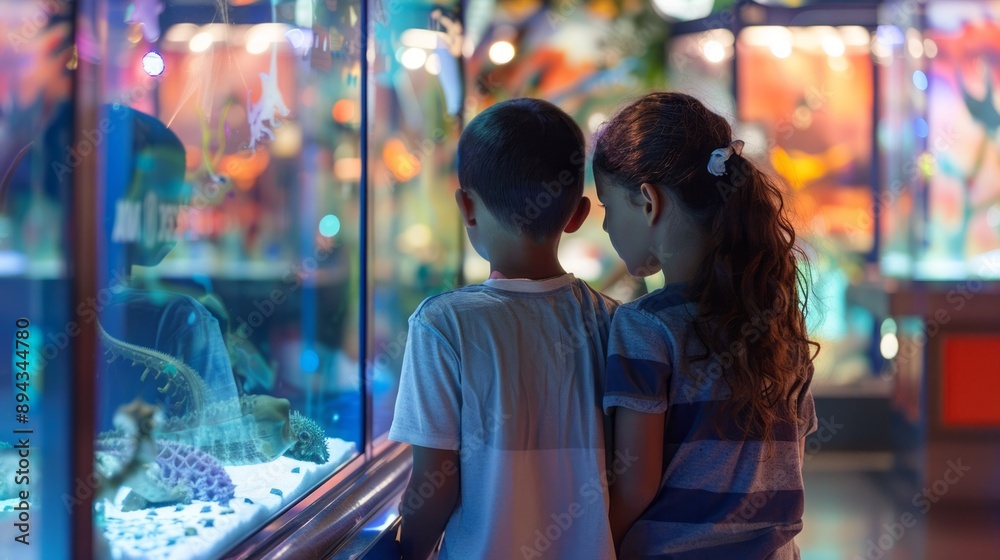 Curious children exploring interactive science exhibit from behind ...