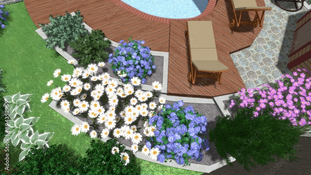 3d image of the landscape design of the home territory. Landscaping of ...