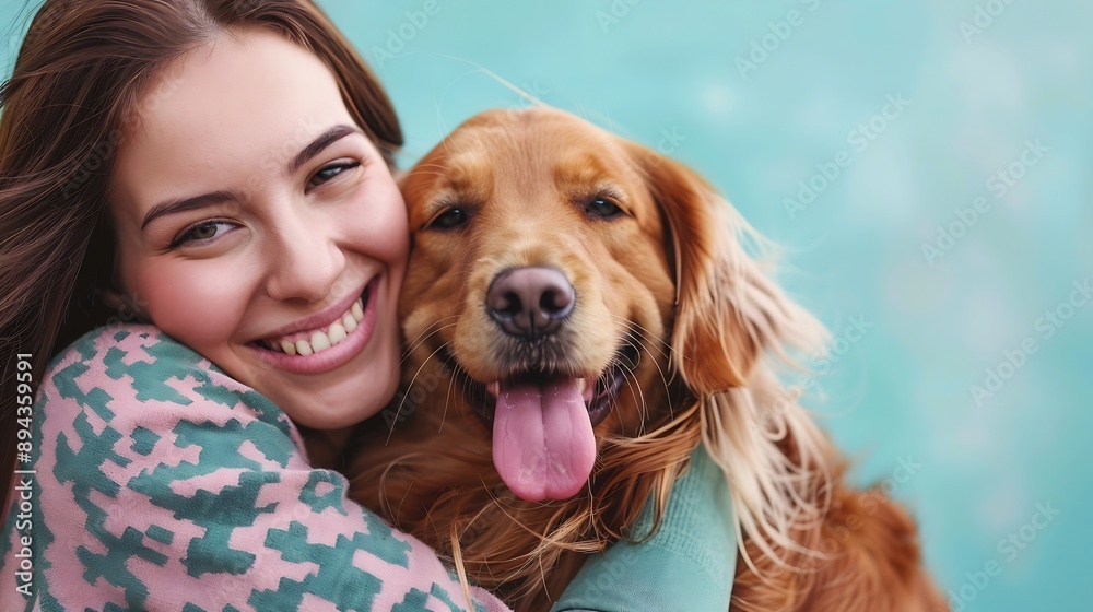 Young happy owner woman wear casual clothes hug cuddle best friend ...