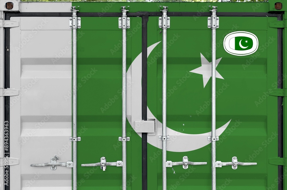Pakistan flag depicted on metal doors of shipping cargo container ...