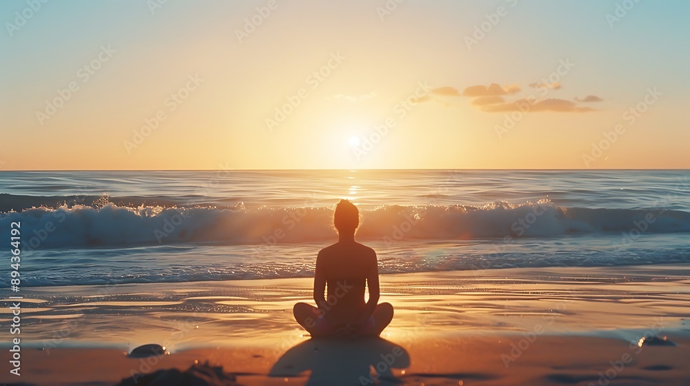 Foto de Person engaging in deep breathing exercises on a peaceful beach ...
