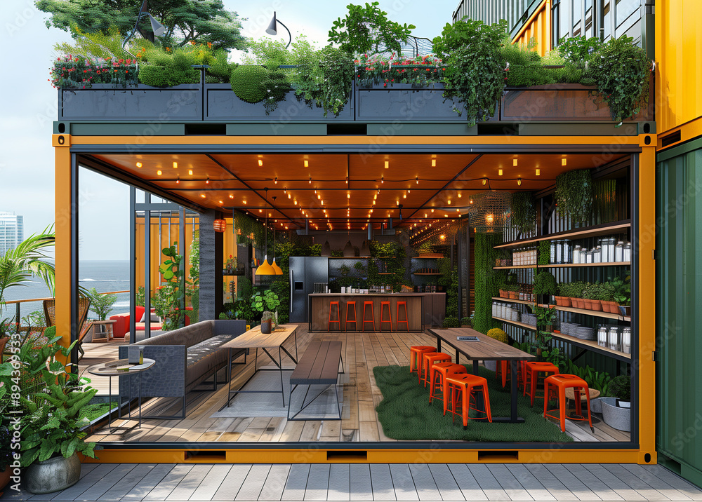 a beautifully designed cafe created from a converted shipping container ...