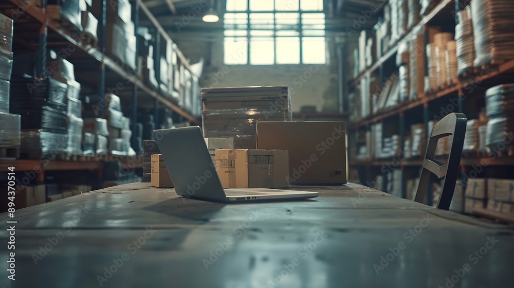 Empty office space in warehouse with carton boxes desk with laptop and ...