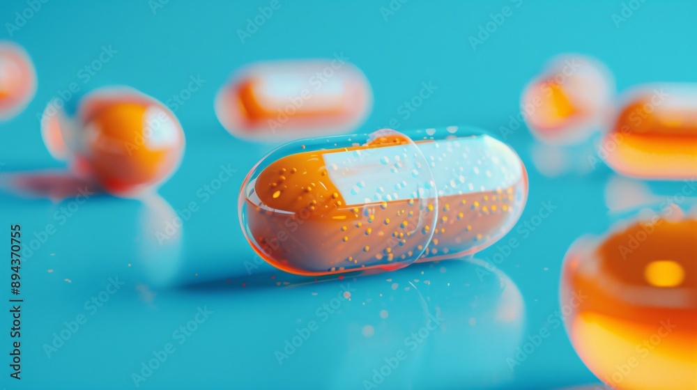 Floating Orange Capsule in Liquid Environment, Pharmaceutical ...