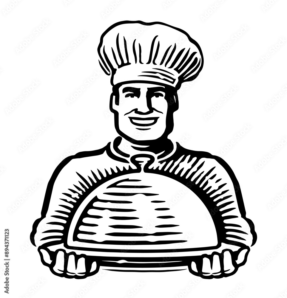 Chef is holding a restaurant cloche. Service food emblem. Hand drawn ...