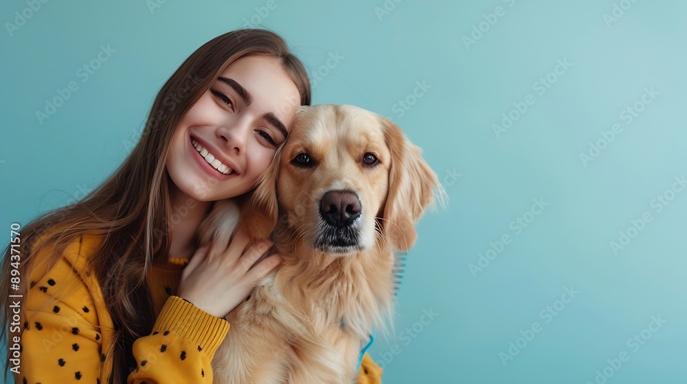 Young happy owner woman wear casual clothes hug cuddle best friend ...