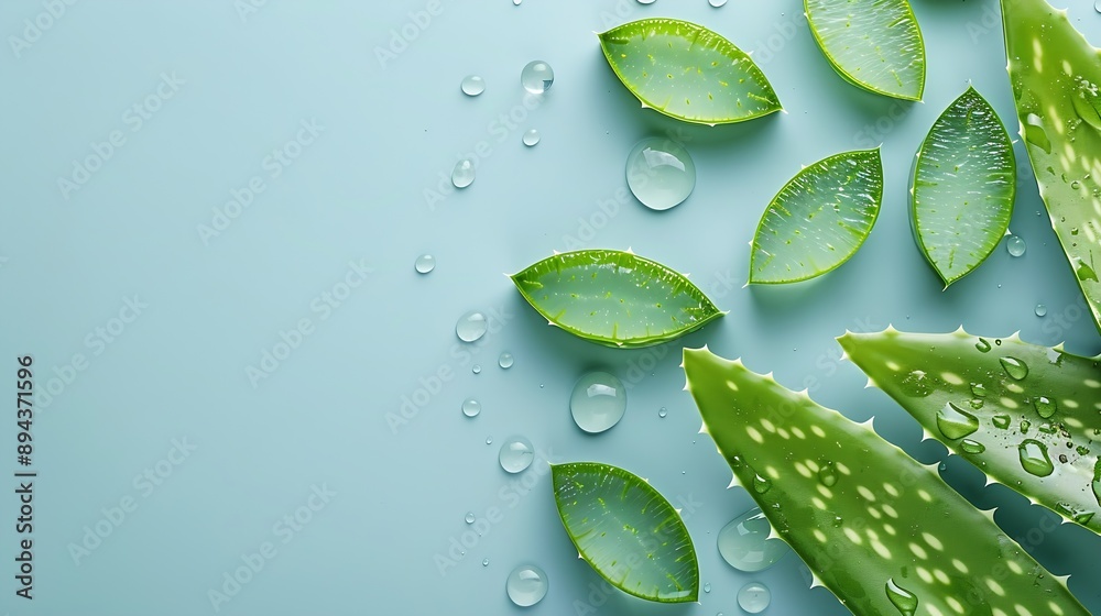 Plenty fresh aloe vera branches and slices flat lay on white table over ...
