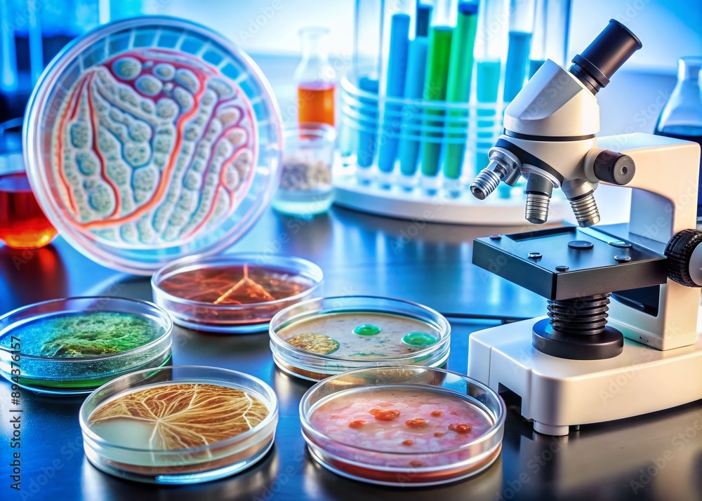 Microscope and petri dishes with agar plates and microbe cultures on a ...