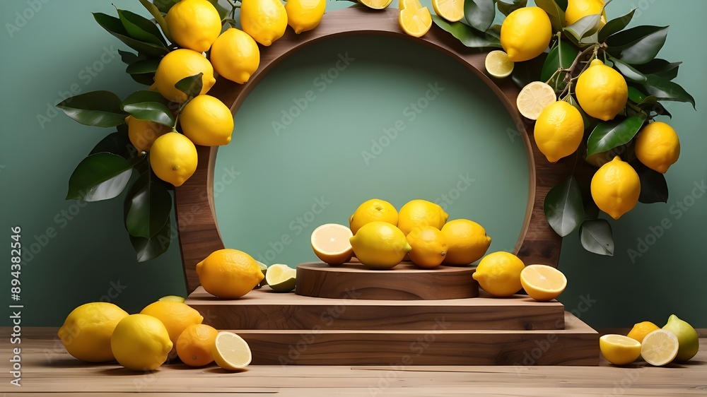 Citrus yellow backdrop with lemon podium product fruit platform ...