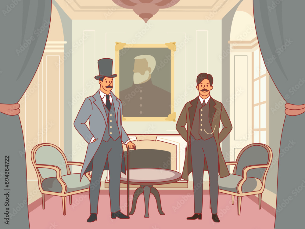 Gentlemen in living room. Vintage interior, elegantly dressed men ...