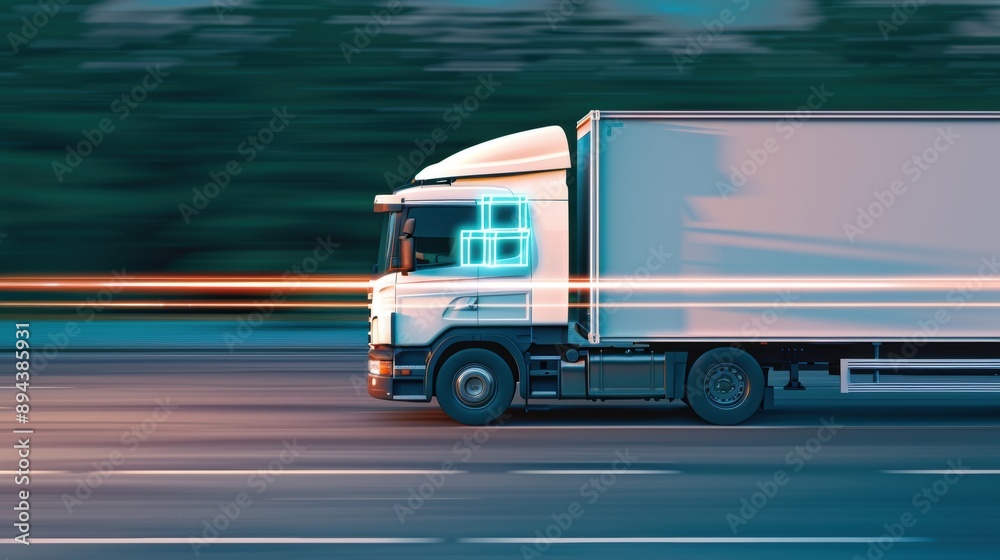 Dynamic delivery truck in motion, showcasing holographic package data ...