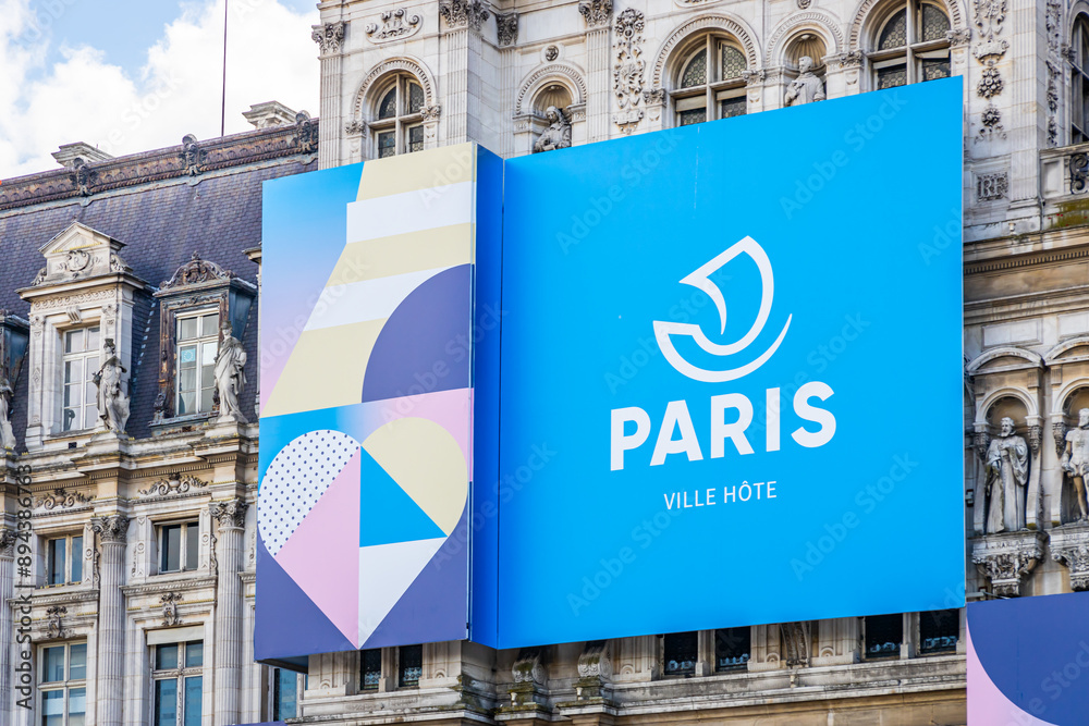 Paris, France - May 26, 2024: Official banners with the visual identity of the Paris 2024 Summer ...