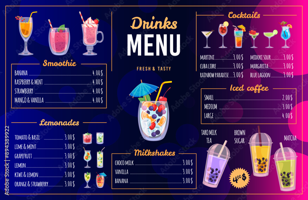 Beach bar menu design. Summer tropical cold drinks assortment, fruits ...