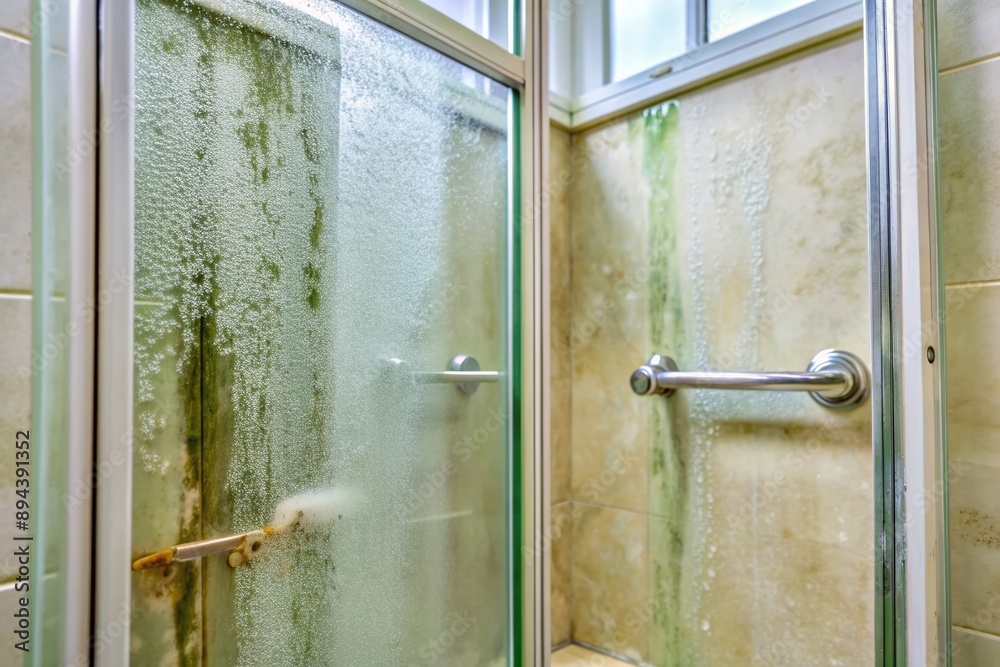 Soap-scummed shower glass door showcases severe lime scale buildup ...
