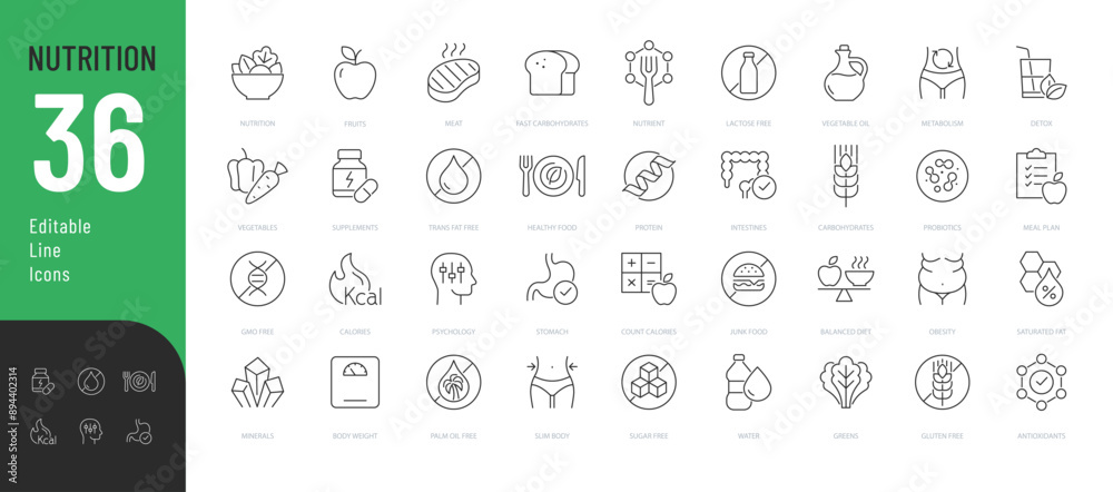 Nutrition Line Editable Icons set. Vector illustration in modern thin ...