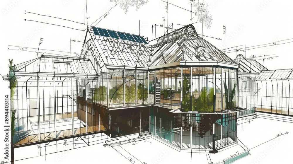 Botanical garden: architectural drawing of a conservatory, glass, steel ...