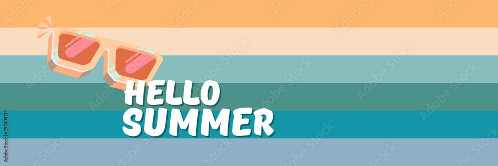Super Hello summer vector banner with text and retro yellow sunglasses ...