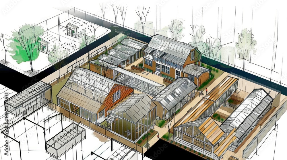 Farming co-op: architectural drawing of a community farm, wood, glass ...