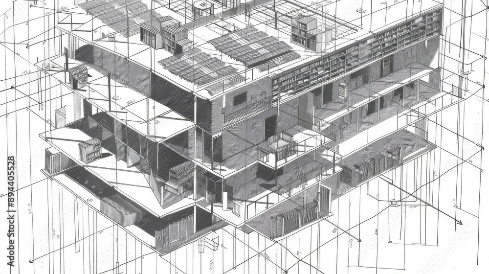 Modern library: architectural drawing of a public library, glass, steel ...