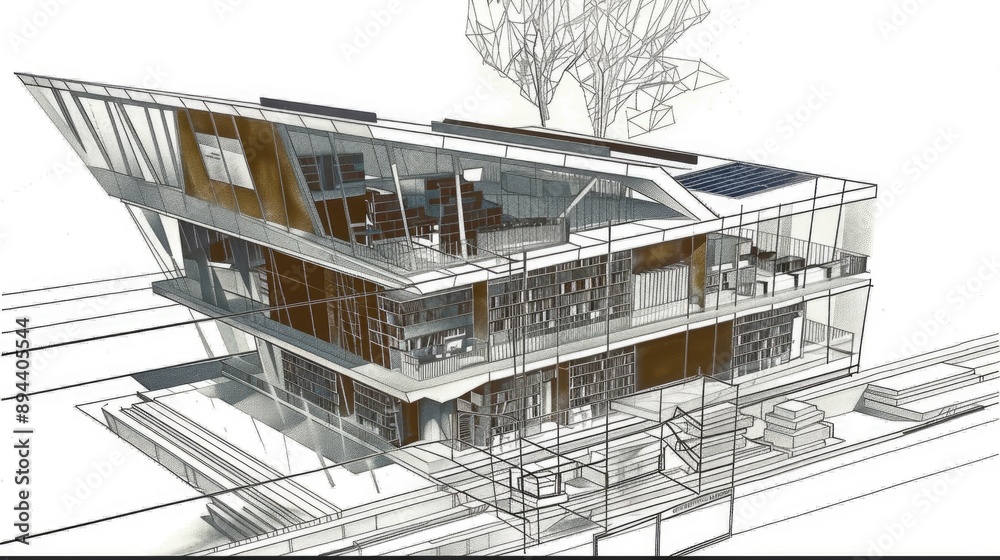 Modern library: architectural drawing of a public library, glass, steel ...