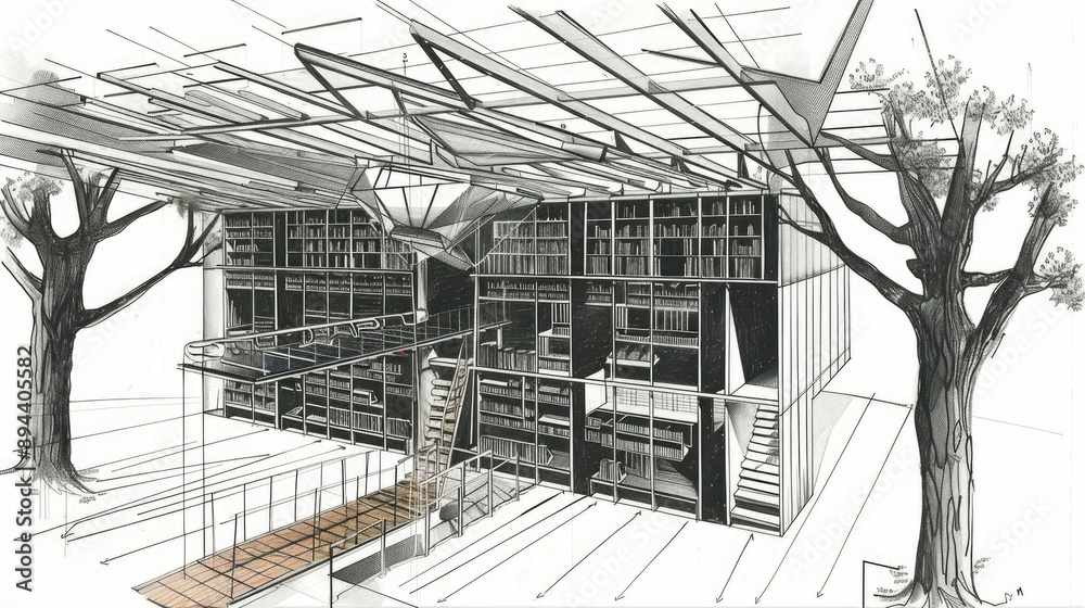 Modern library: architectural drawing of a public library, glass, steel ...