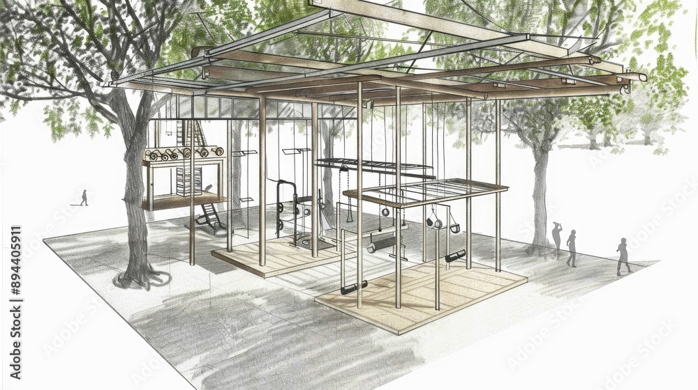 Outdoor gym: architectural drawing of a fitness park, metal, rubber ...