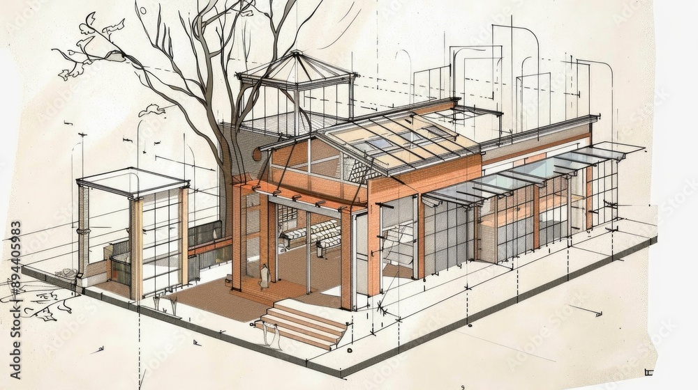 Public library: architectural drawing of a neighborhood library, brick ...