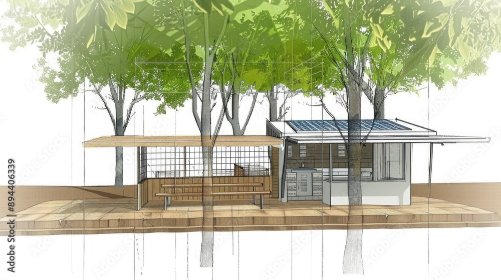 Public restroom: architectural drawing of a park restroom, wood, metal ...