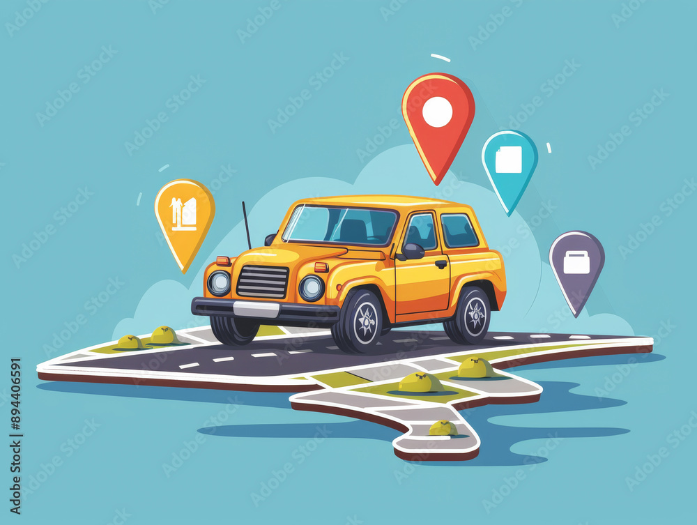 Cartoon car map navigation self-driving Stock Illustration | Adobe Stock