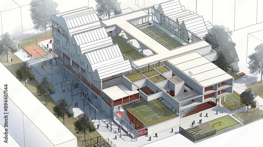 Sports complex: architectural drawing of an athletics center, concrete ...