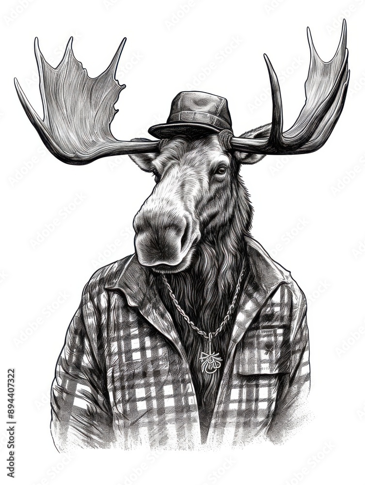 Black and white Vintage engraved art of a moose in a lumberjack outfit ...