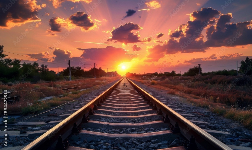 Tranquil Sunrise Over Railway Tracks: Efficient Transportation Infrastructure at Dawn. AI ...