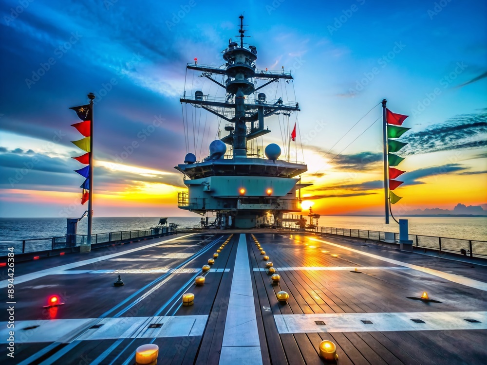 Flight deck of an air combat aircraft carrier with signal flags and ...