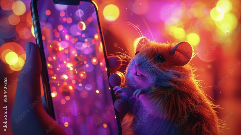 a small naive hamster on the phone screen on a blurred background ...