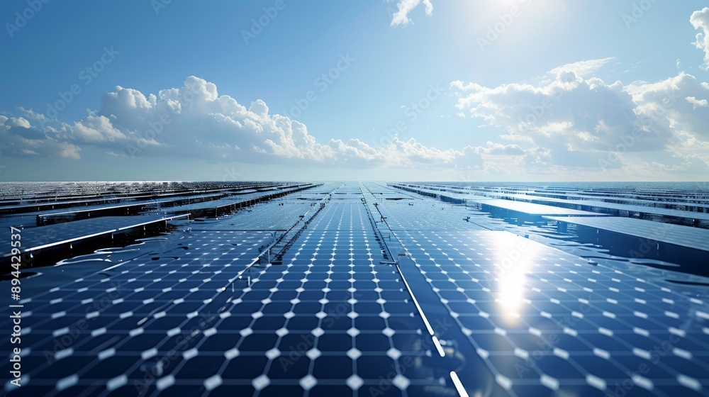 The large floating solar park farm. solar panels float in the water. Concept of alternative and ...