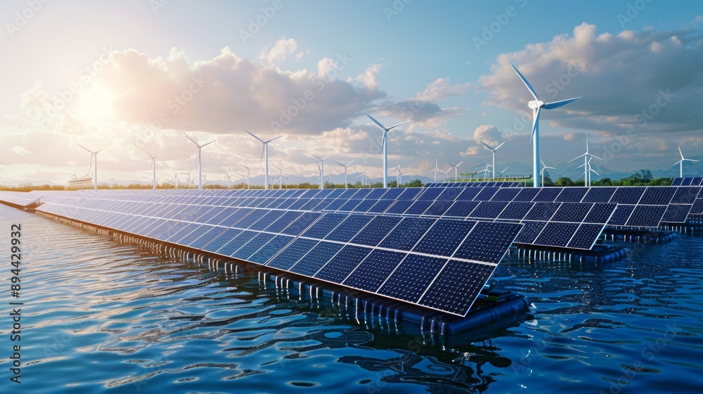 The large floating solar park farm. solar panels float in the water. Concept of alternative and ...