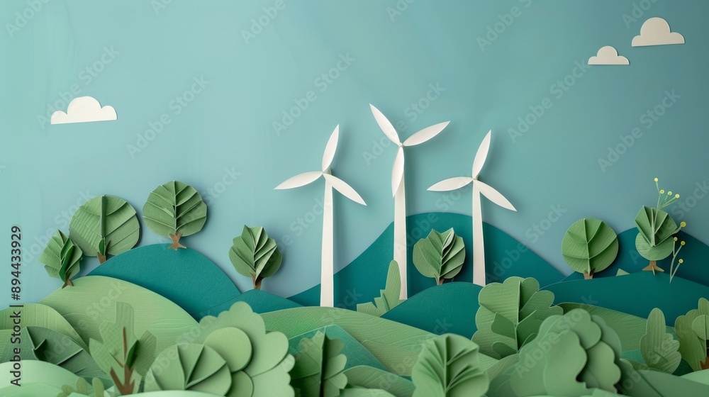 Paper art , renewable energy with green energy as wind turbines ...