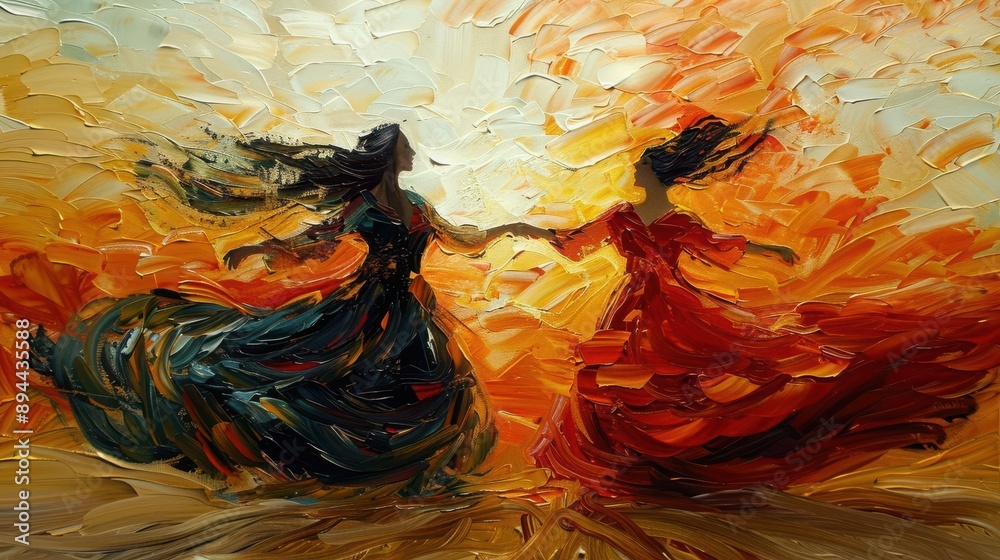 Abstract painting of three dancers in vibrant colors. For artwork of ...