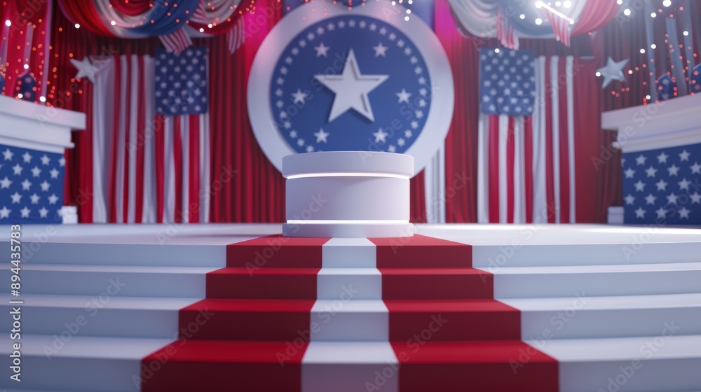 Patriotic Stage with Podium and Red Carpet Elegant stage setup with a ...
