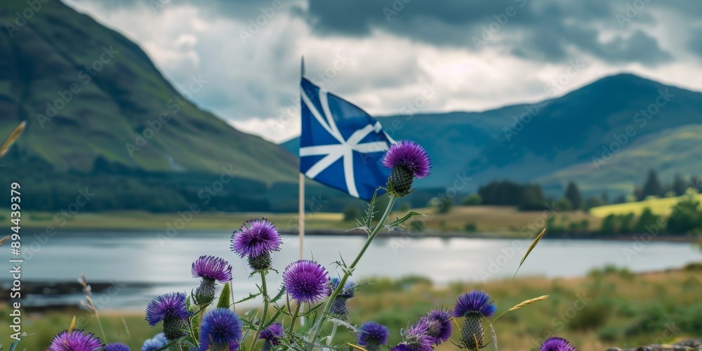 Majestic Scottish Thistle in Foreground with Waving Saltire Flag: 4K AI ...