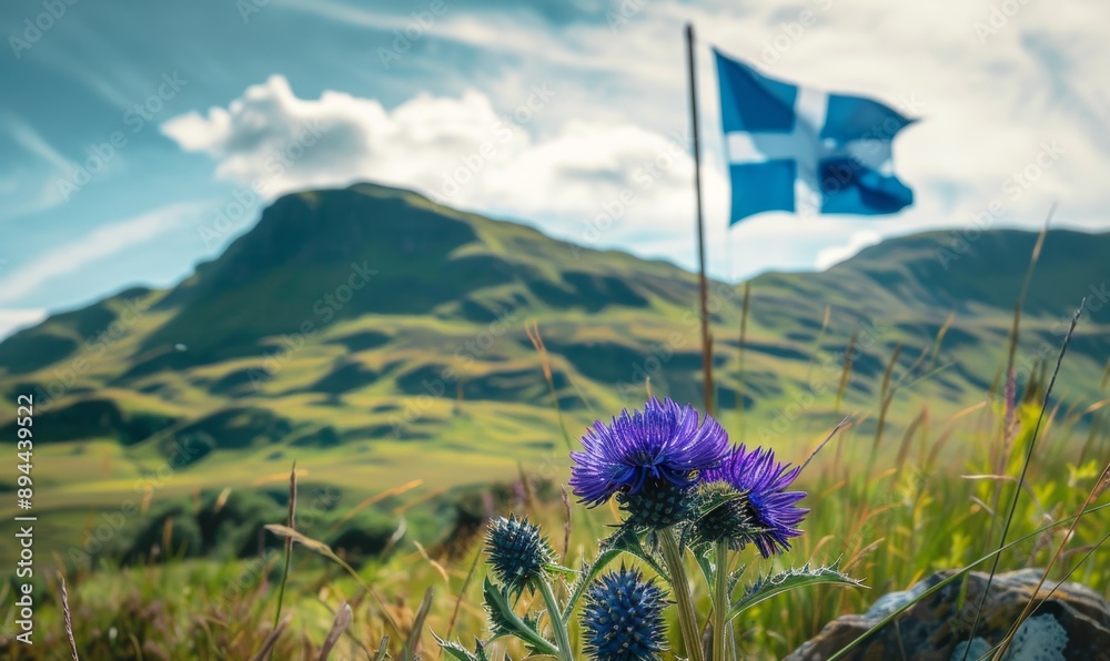 Majestic Scottish Thistle in Foreground with Waving Saltire Flag: 4K AI ...