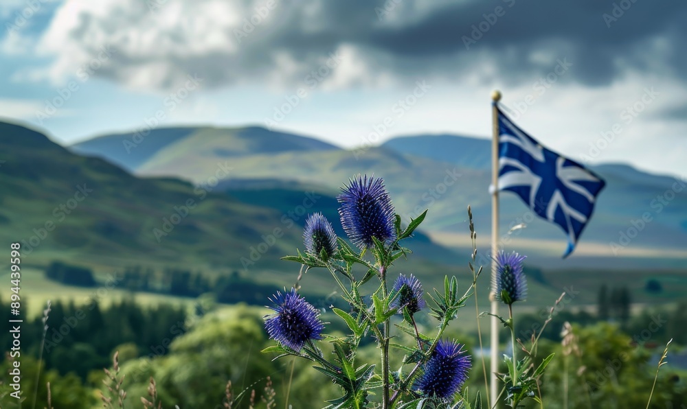 Majestic Scottish Thistle in Foreground with Waving Saltire Flag: 4K AI ...