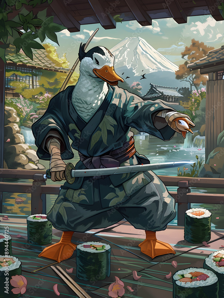 Samurai Duck: A duck dressed as a samurai, wielding a sushi sword ...