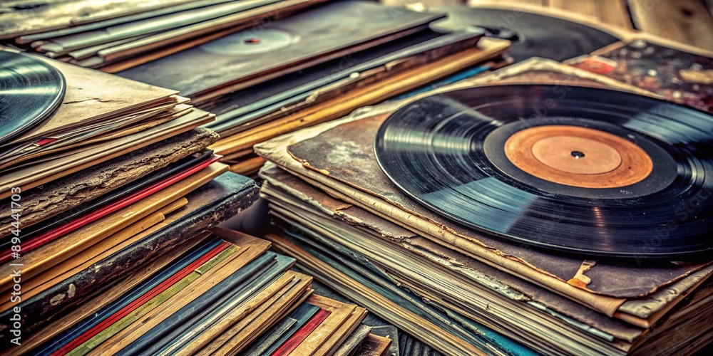 Poster Aged vinyl record album covers lined up, showcasing worn-out ...