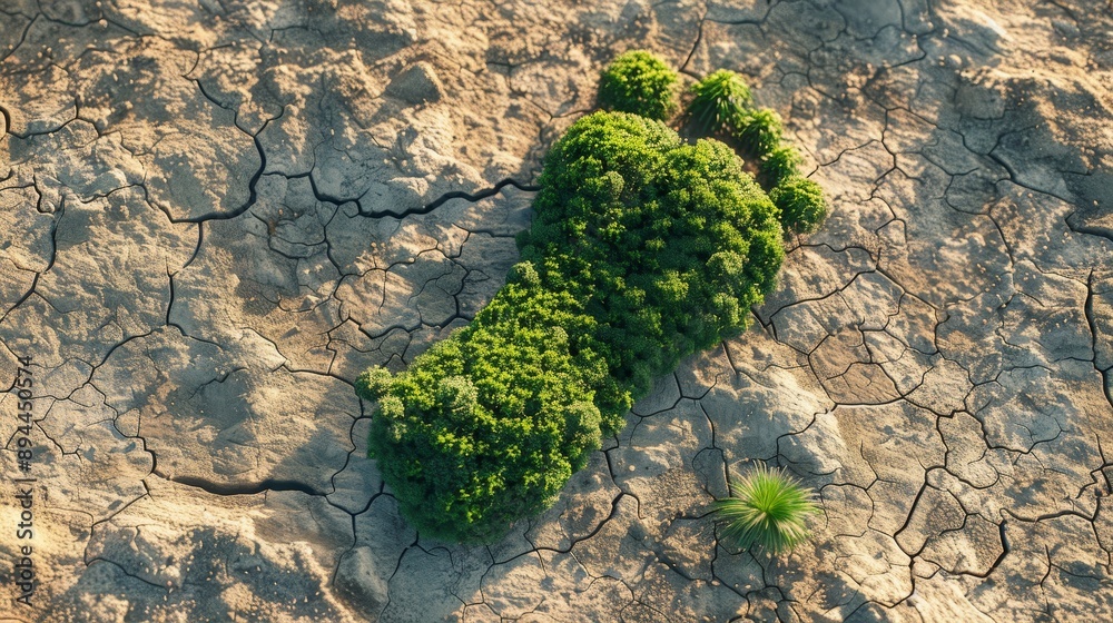 Green forest trees on dry ground background, sign of barefoot. A 3D ...