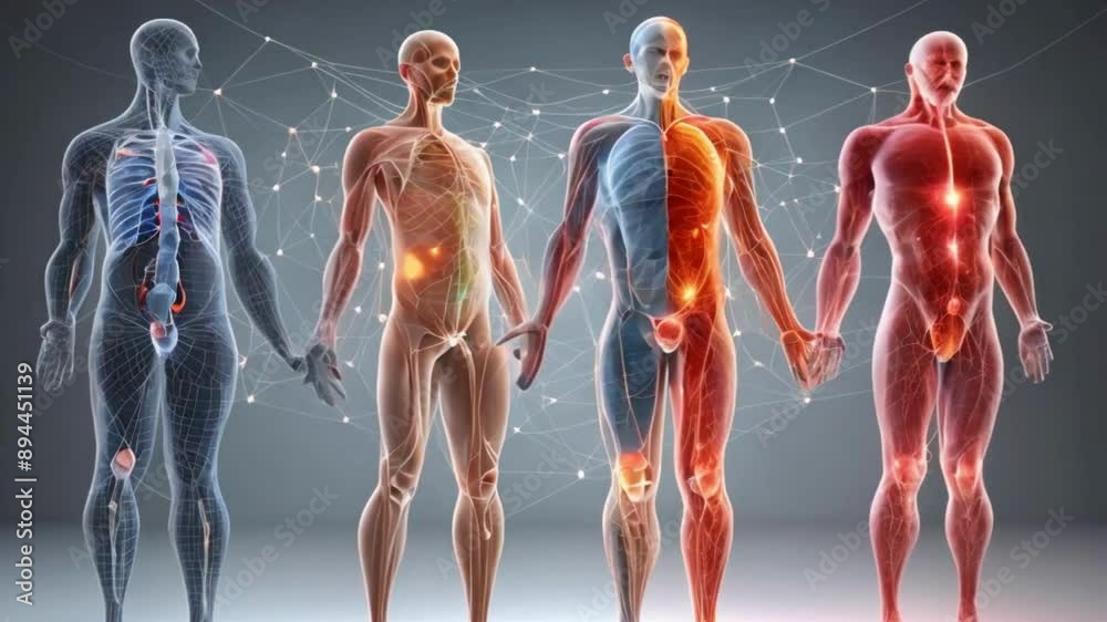Visualization of the human body system, network of hexagons and squares ...