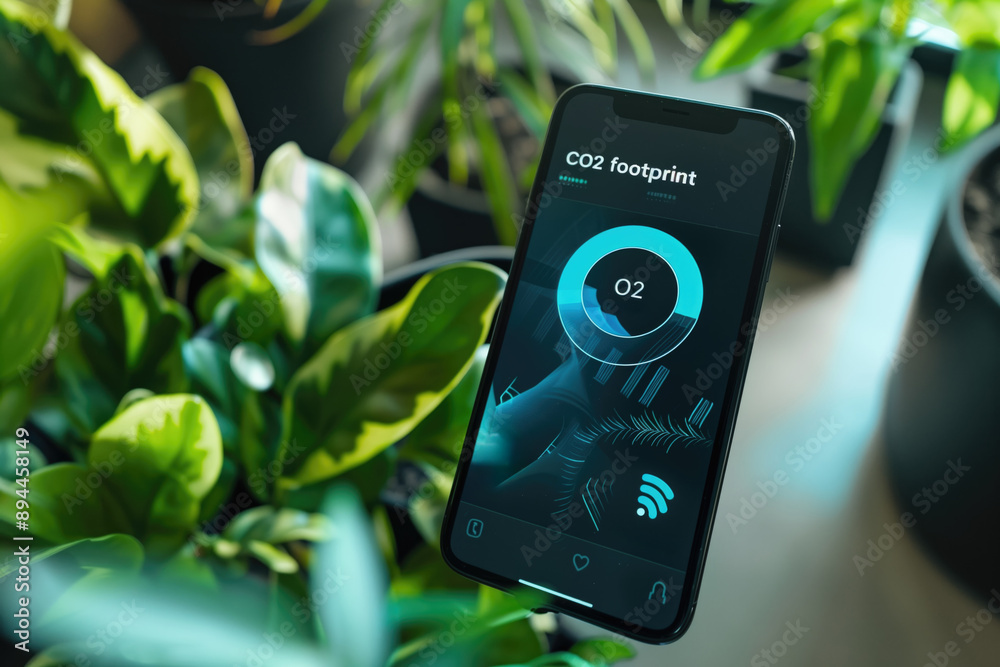 Smartphone displaying CO2 footprint tracking app surrounded by indoor ...