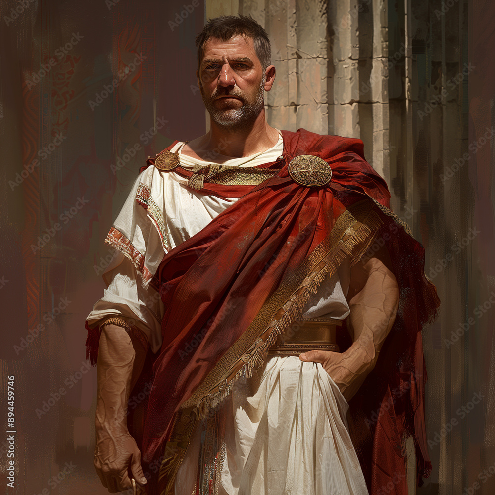 Roman man in traditional toga outfit standing against ancient ...